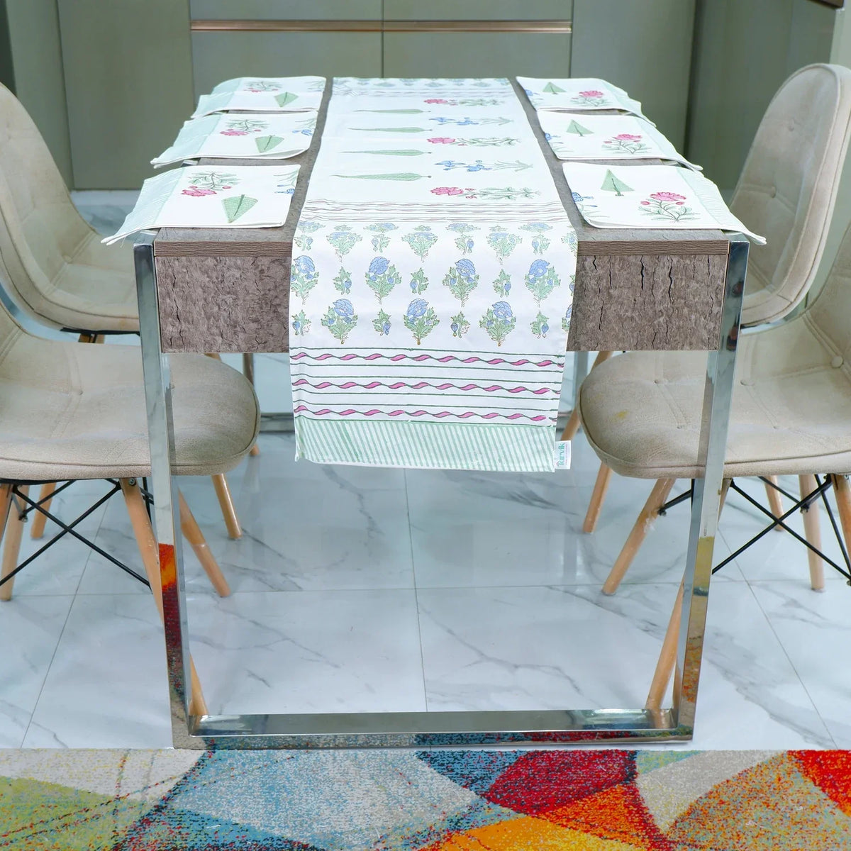 Hand Block Printed Cotton Table Runner (13x72") with 6 Placemats (13x1 ...